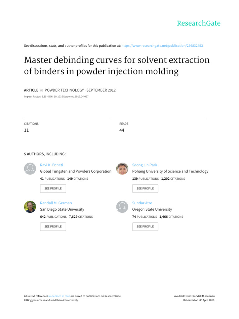 Master Debinding Curves For Solvent Extraction of Binders in ... R M ...