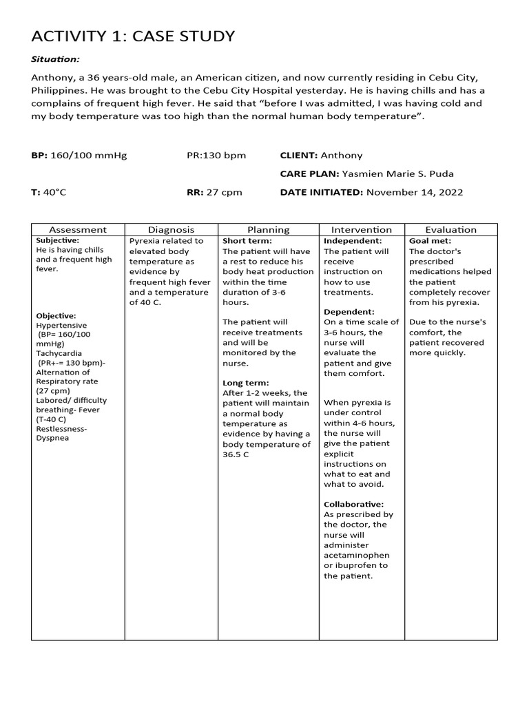 Case Study (NUR) | PDF | Fever | Patient