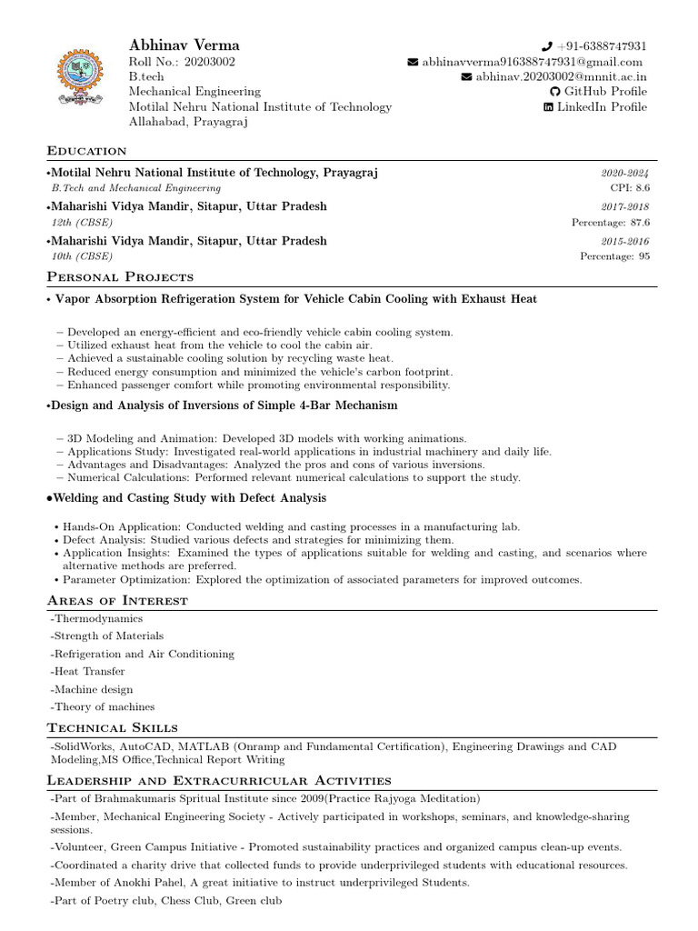 NIT Allahabad Resume 5 (11) Compressed | PDF | Efficient Energy Use | Mechanical Engineering