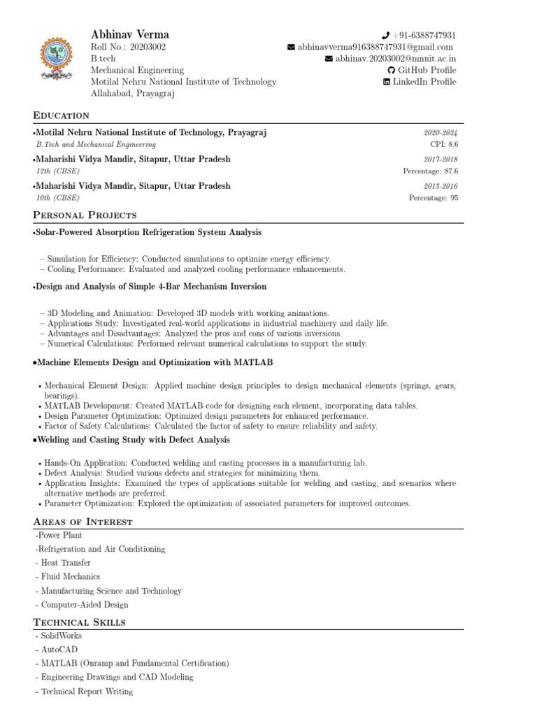 Mechanical Engineering Student Profile | PDF | Mechanical Engineering ...