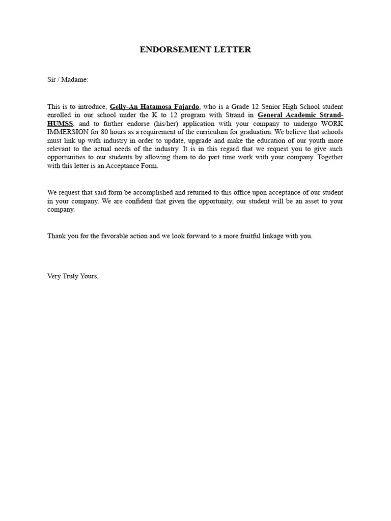 Endorsement Letter | PDF