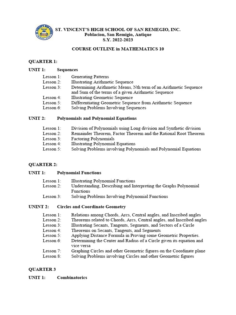Course Outline in Math 10 | PDF | Circle | Trigonometric Functions
