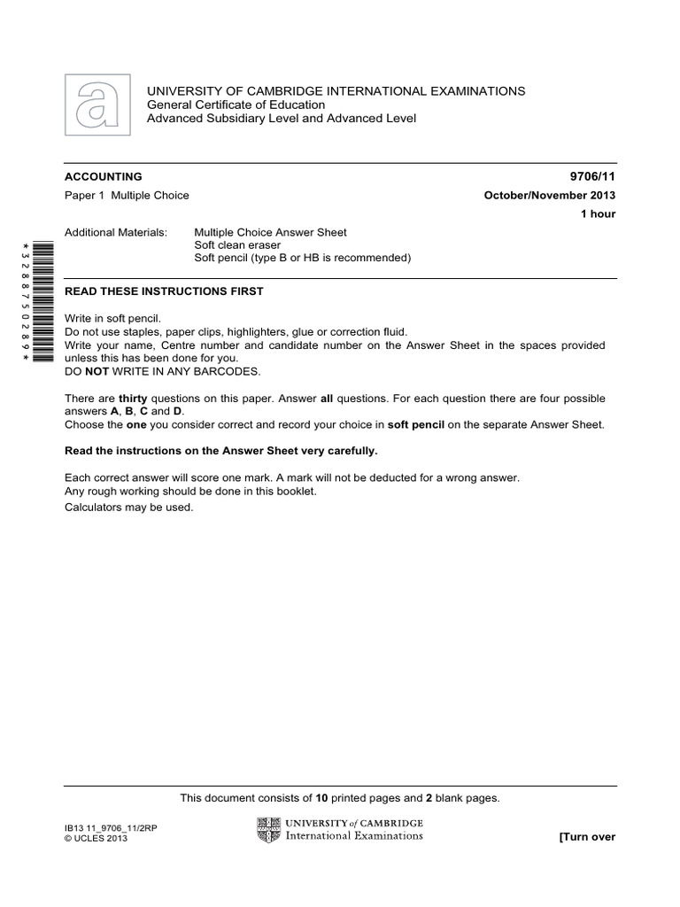 Cambridge A Level Accounting MCQ Paper | PDF | Debits And Credits | Banks
