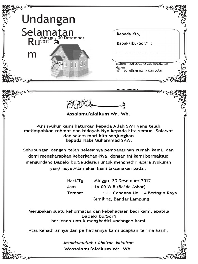 Contoh Surat Undangan Syukuran Rumah Barudoc | PDF