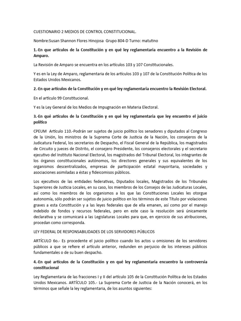 Cuestionario 2 Medios de Control Constitucional | PDF | El proceso de ...