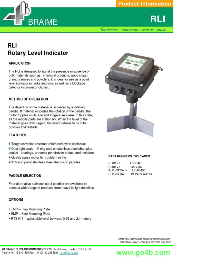 Braime: RLI Rotary Level Indicator | PDF | Electric Motor | Stainless Steel