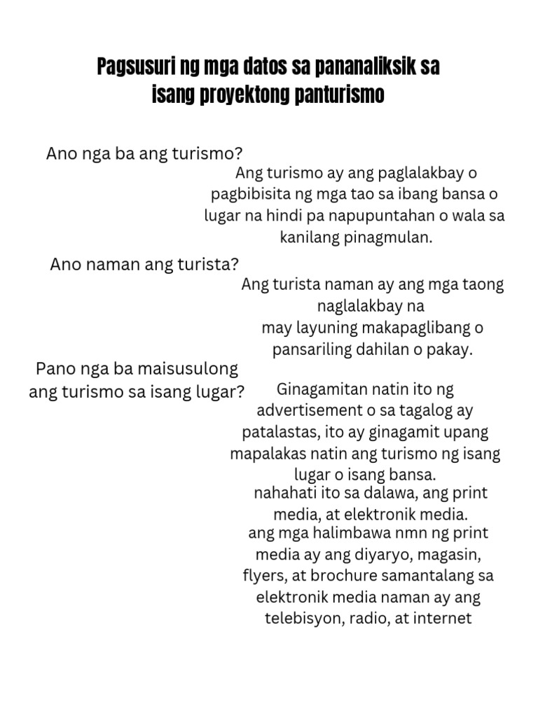 Pagsusuri ng mga datos sa pananaliksik sa isang proyektong panturismo | PDF