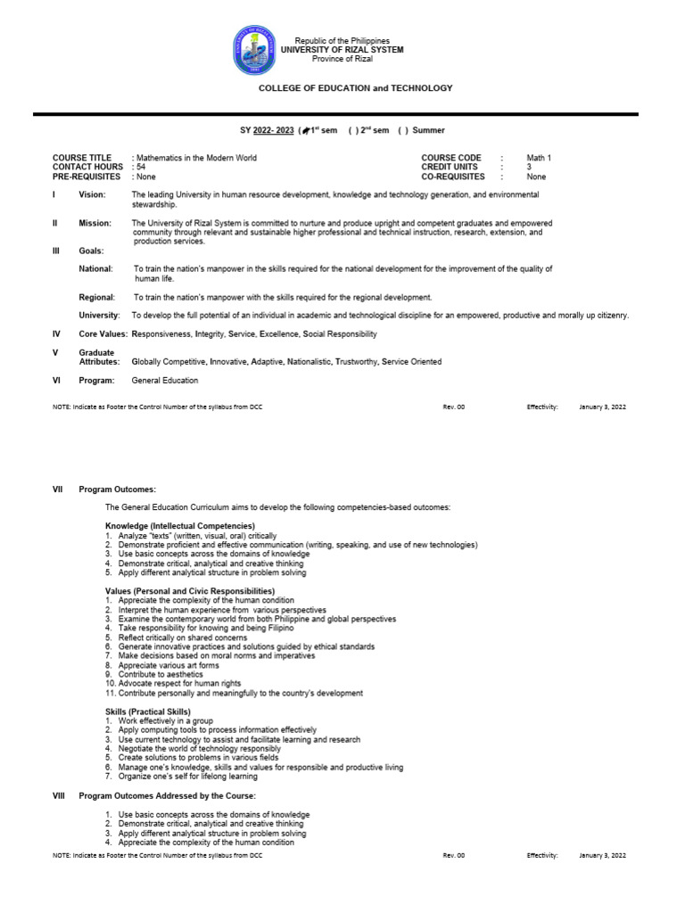 MATH1-V3 - Mathematics-in-the-Modern-World Syllabus OBE Format SY 22-23 ...
