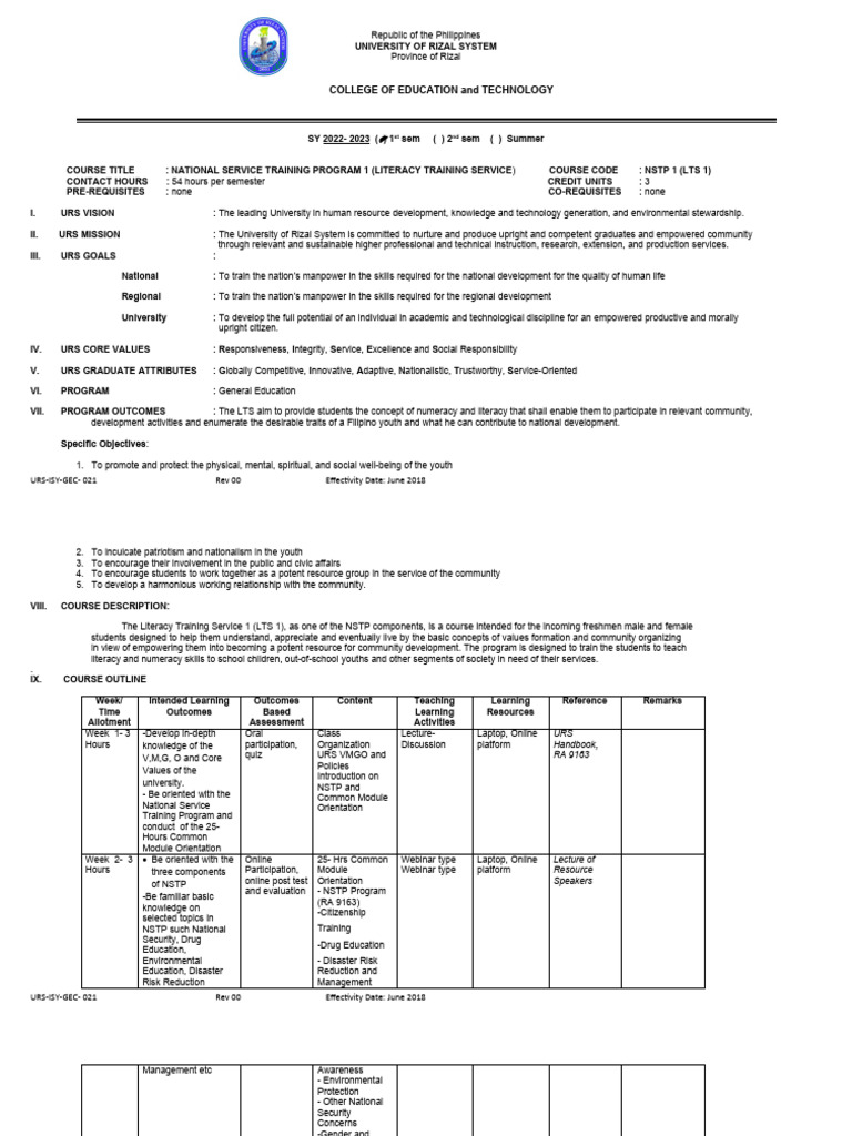 Revision-1-Coded-NSTP 1 - LTS-1-Syllabus-updated SY 22-23 | PDF ...