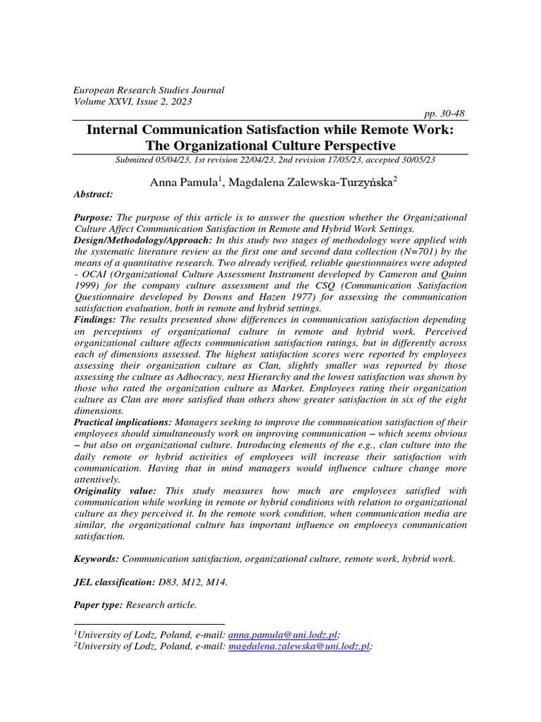 Internal Communication Satisfaction While Remote Work - The Organizational Culture Perspective ...