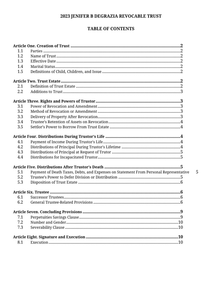 2023 Jennifer B DeGrazia Revocable Trust | PDF | Trust Law | Trustee