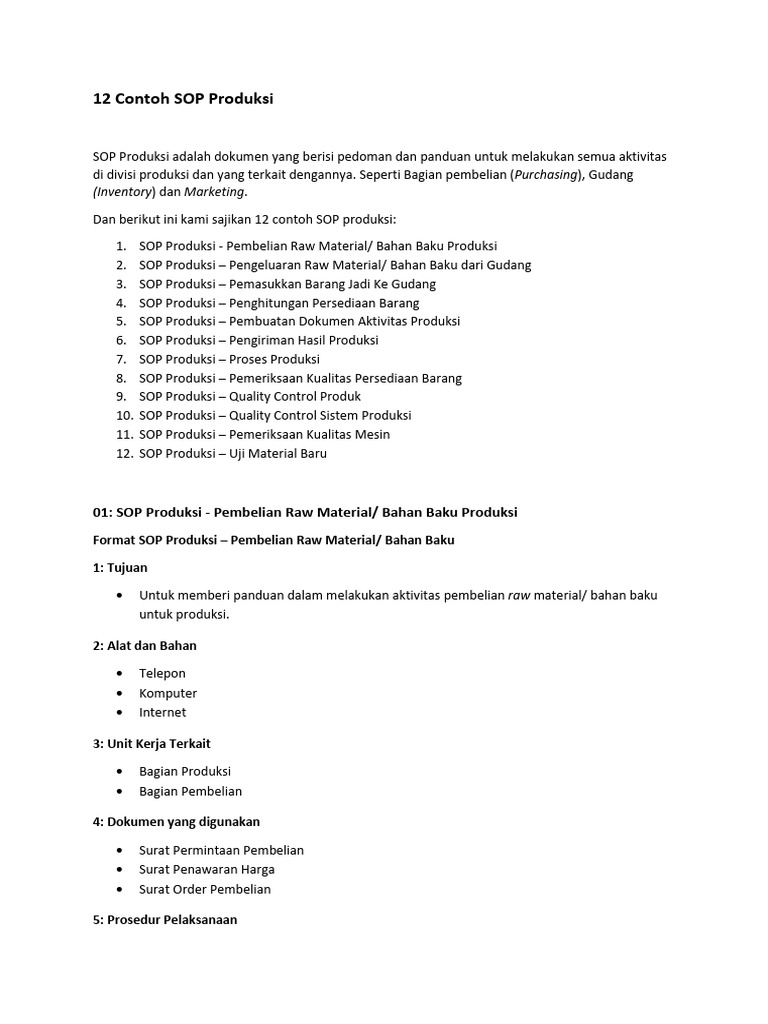 12 Contoh SOP Produksi Manufaktur | PDF