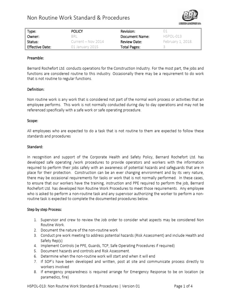 Non Routine Work Policy | PDF | Personal Protective Equipment ... Non Routine Work Policy | PDF | Personal Protective Equipment ...
