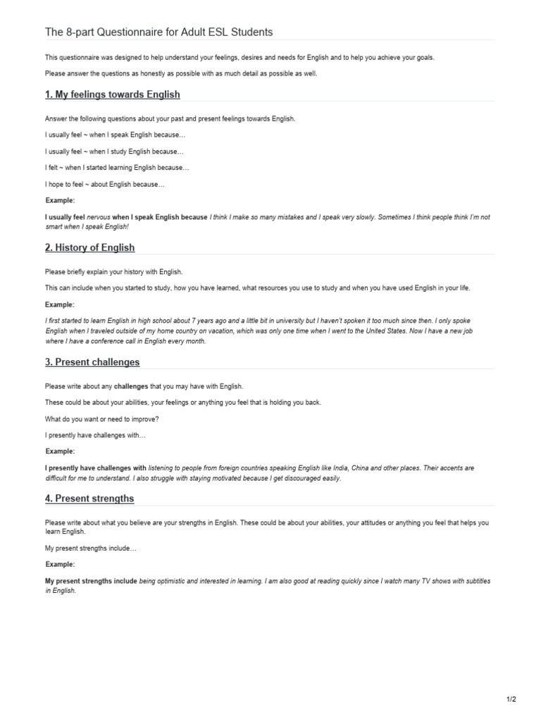 ESL Student Needs Questionnaire | Download Free PDF | English Language ...