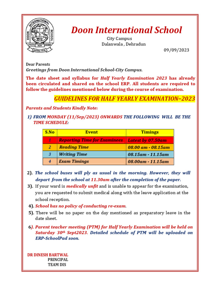 Circular 20230909192051 Half Yearly Exam Guidlines For Parents and Students Sept 2023 | PDF