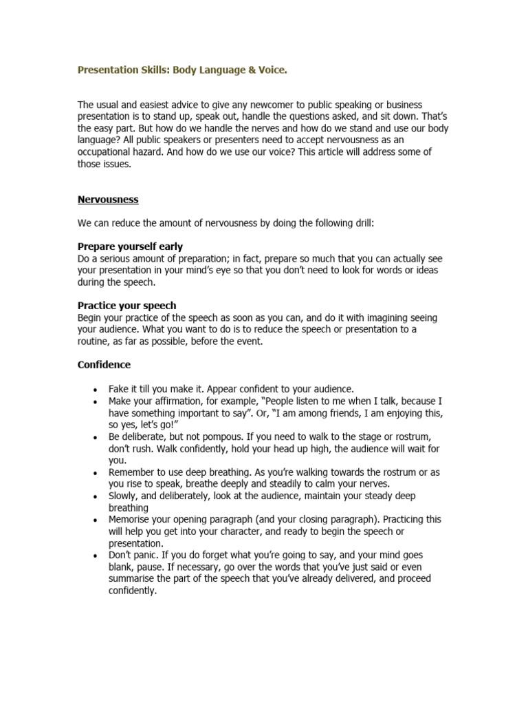 Presentation Skills - Body Language - Voice | PDF | Public Speaking ...