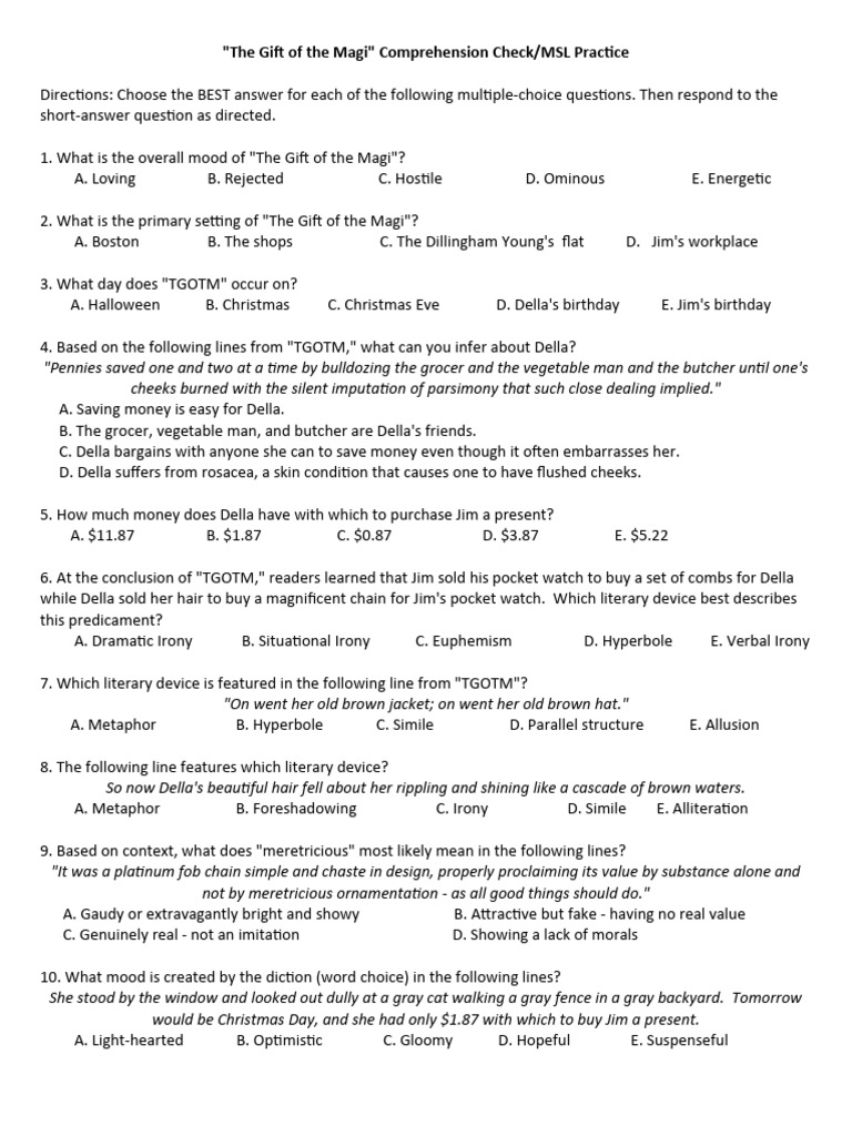 "The Gift of The Magi" Comprehension Check/MSL Practice | PDF | Narration