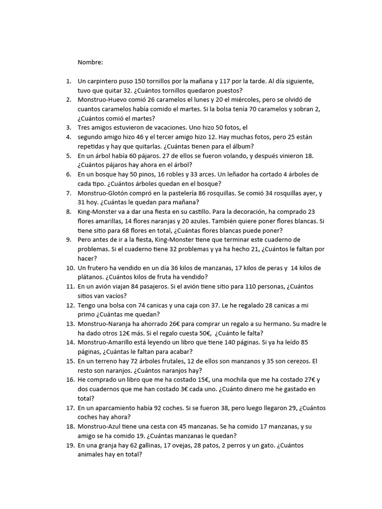 Problemas de suma y resta para primaria | PDF