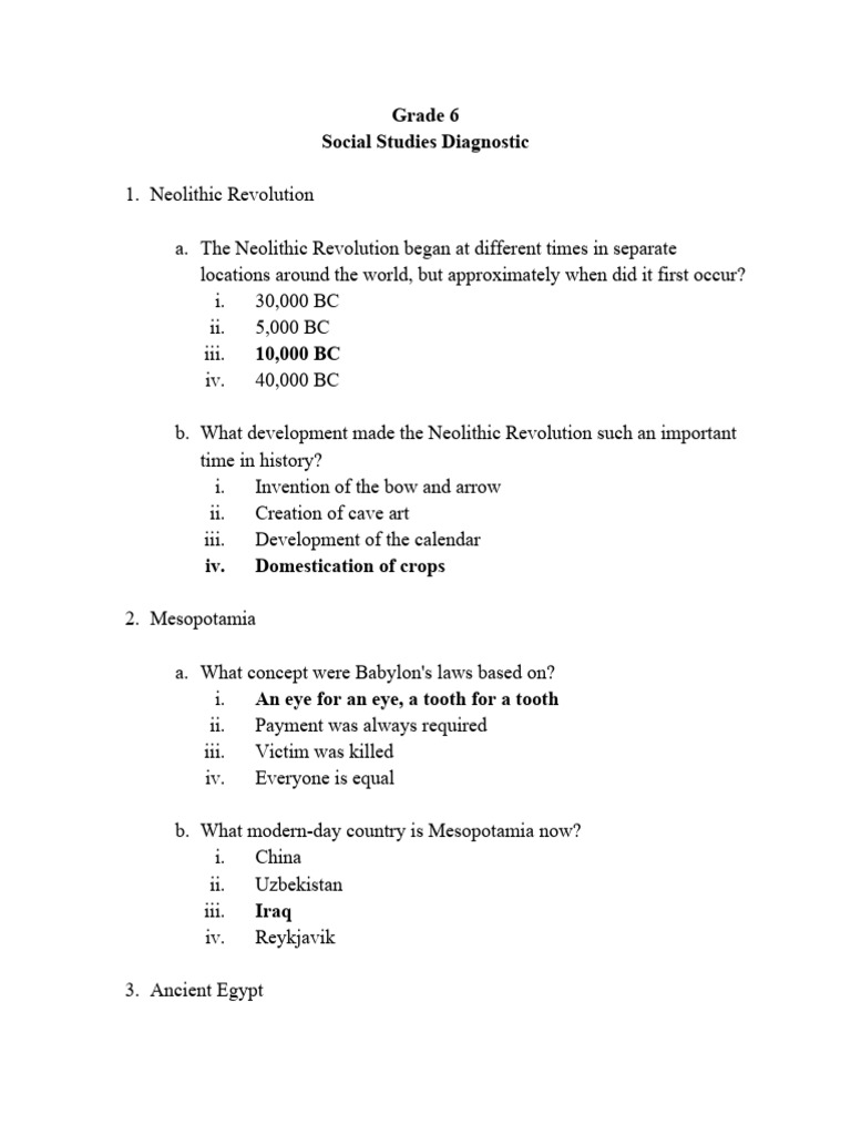 Grade 6 Social Studies Diagnostic - Answers | PDF | Mesopotamia | Neolithic