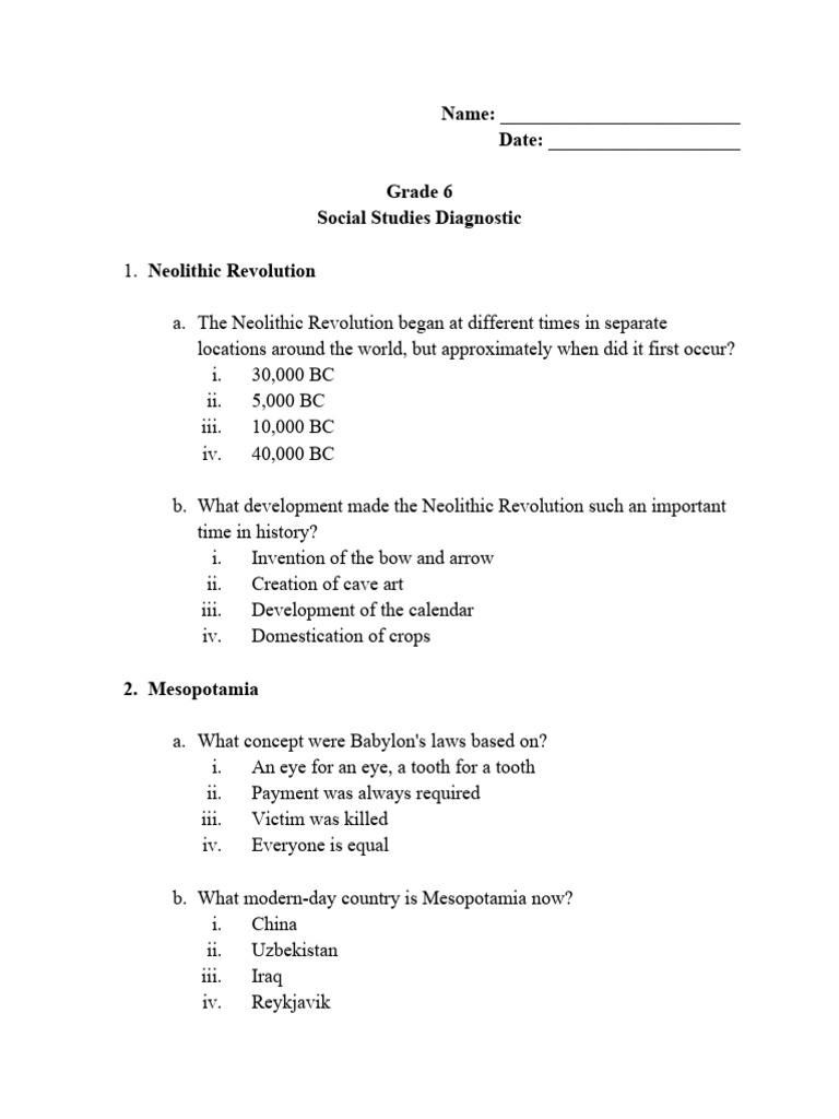 Grade 6 Social Studies Diagnostic Test | PDF | Mesopotamia | Neolithic