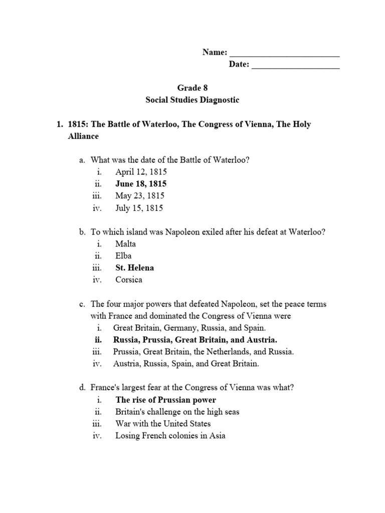 Grade 8 Social Studies Diagnostic - Answers | PDF | Kingdom Of Prussia | Socialism