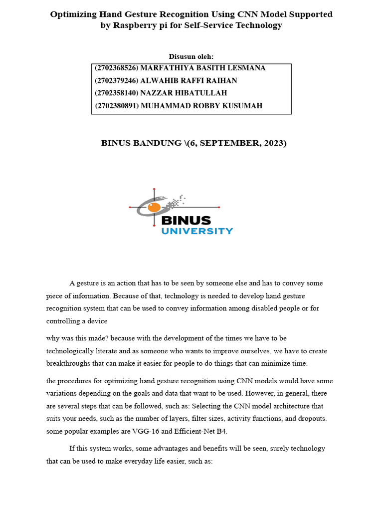 Optimizing Hand Gesture Recognition Using CNN Model Supported by Raspberry Pi For Self | PDF ...