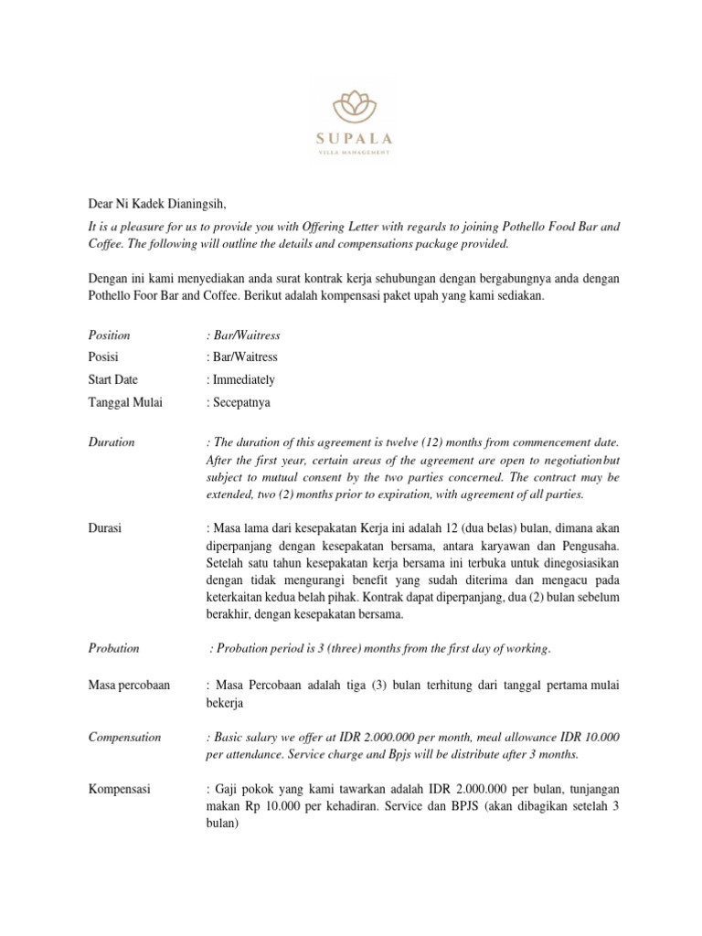 Offering Letter Mrs. Ni Kadek Dianingsih | PDF