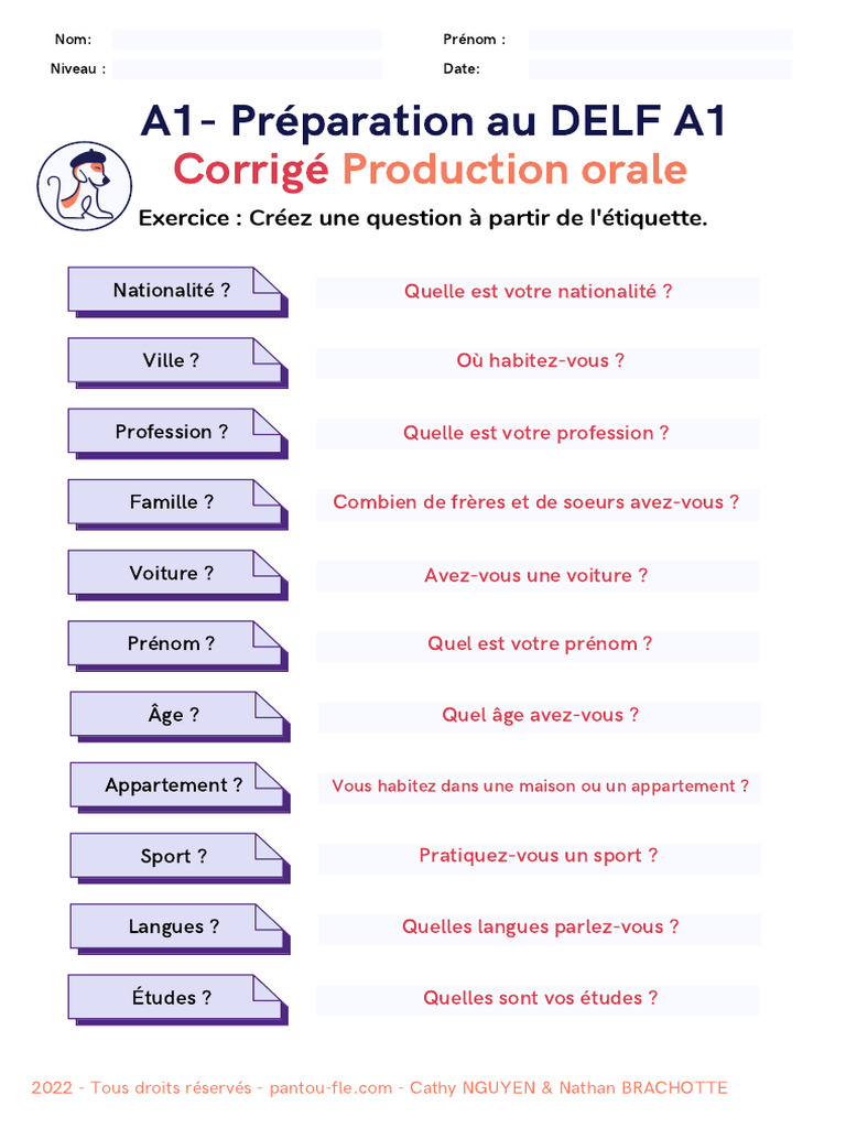 Questions pour DELF A1 Production Orale | PDF | Jeux et activités ...