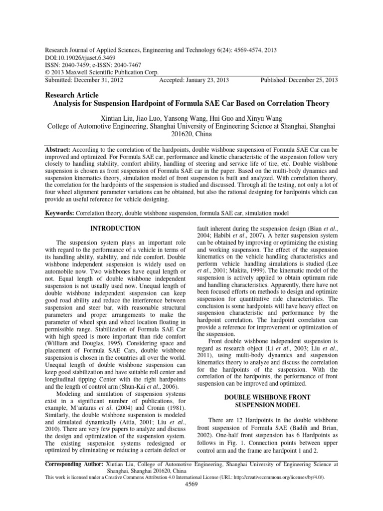 Analysis For Suspension Hardpoint of Formula SAE Car Based On Correlation Theory | PDF ...
