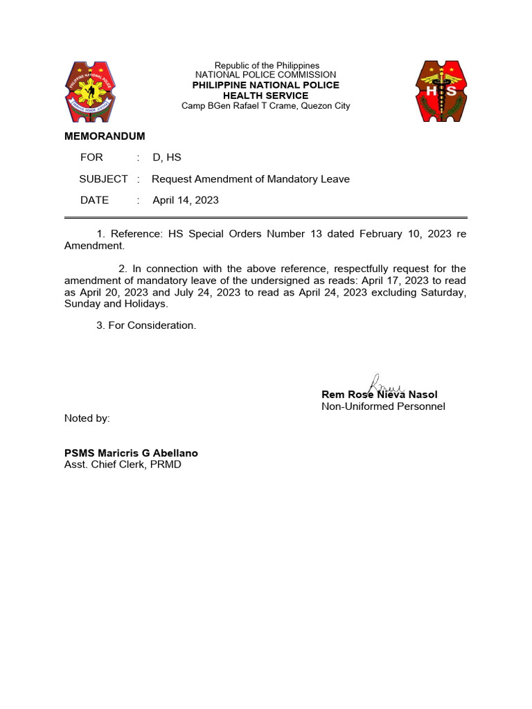 Memo Request Leave | PDF | Law Enforcement | Crime & Violence