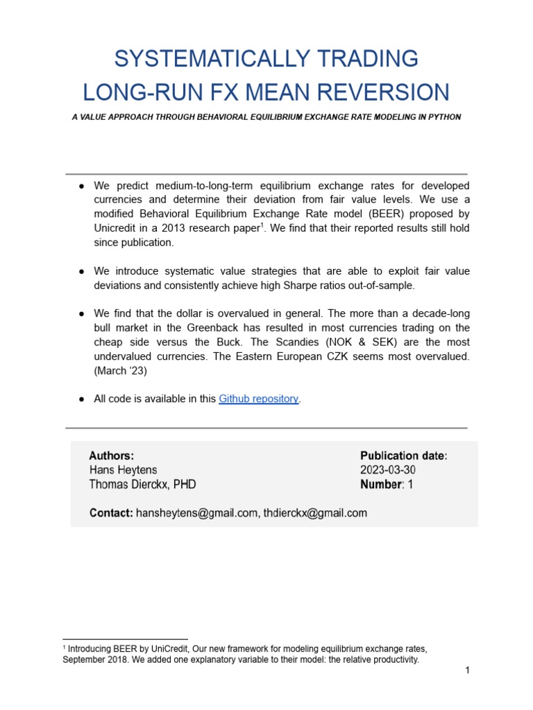 Systematically Trading FX Mean Reversion in The Long Run 1680234492 | PDF | Exchange Rate ...