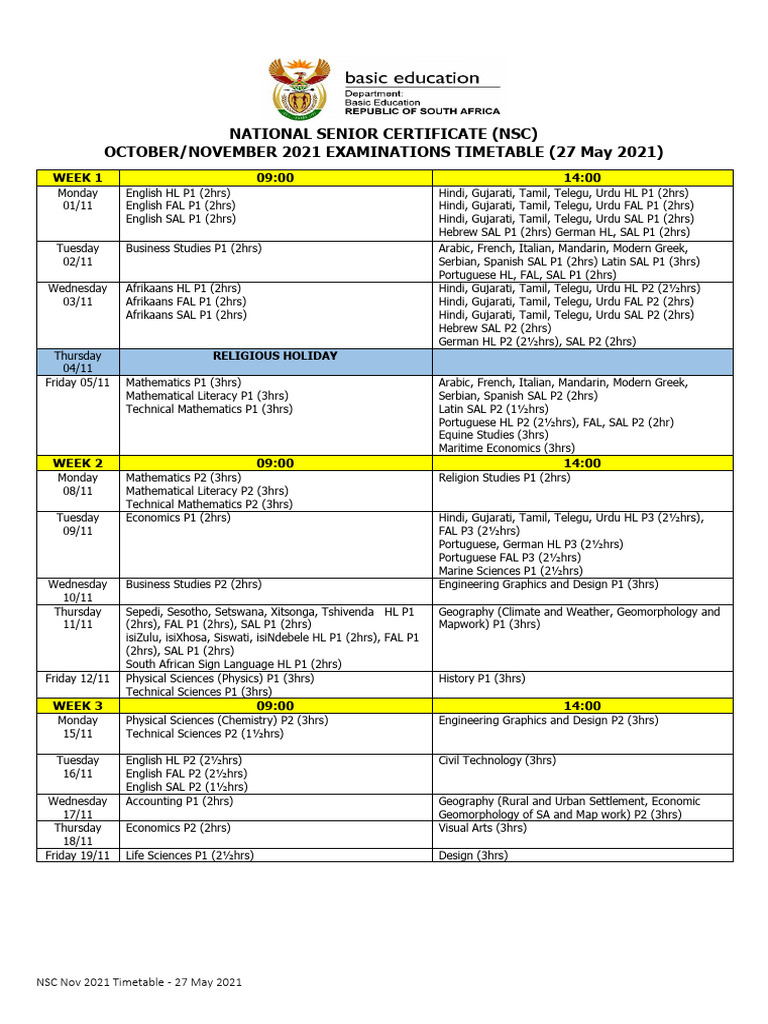 Nov 2021 NSC Timetable - 27 May 2021 - Final | Download Free PDF ...
