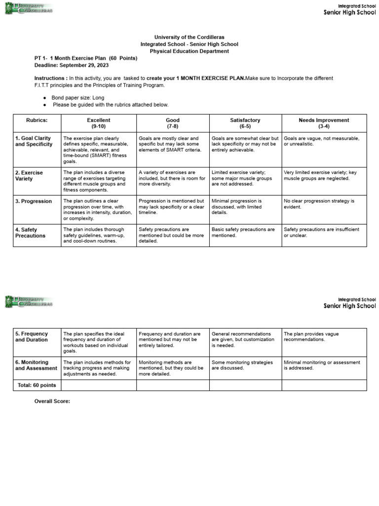 Hope 1 - pt2 - 1 Month Exercise Plan | PDF | Physical Fitness | Rubric ...