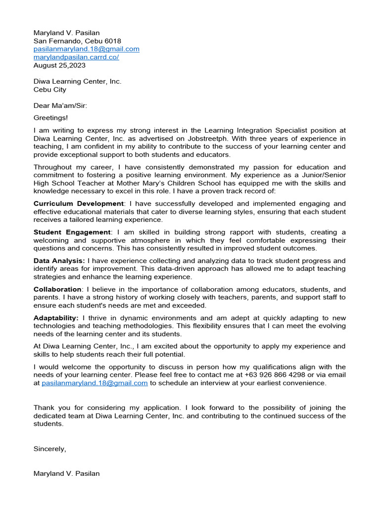 Diwa Learning Center - Application Letter | PDF | Learning | Change