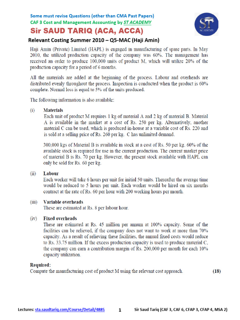 CAF 3 CMA Benchmark Questions Other Than CAF Past Papers - Sir Saud Tariq ST Academy | PDF ...