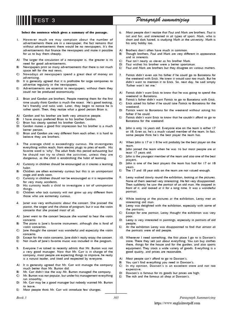 Paragraph Summarizing TEST | PDF | Newspapers | Poetry