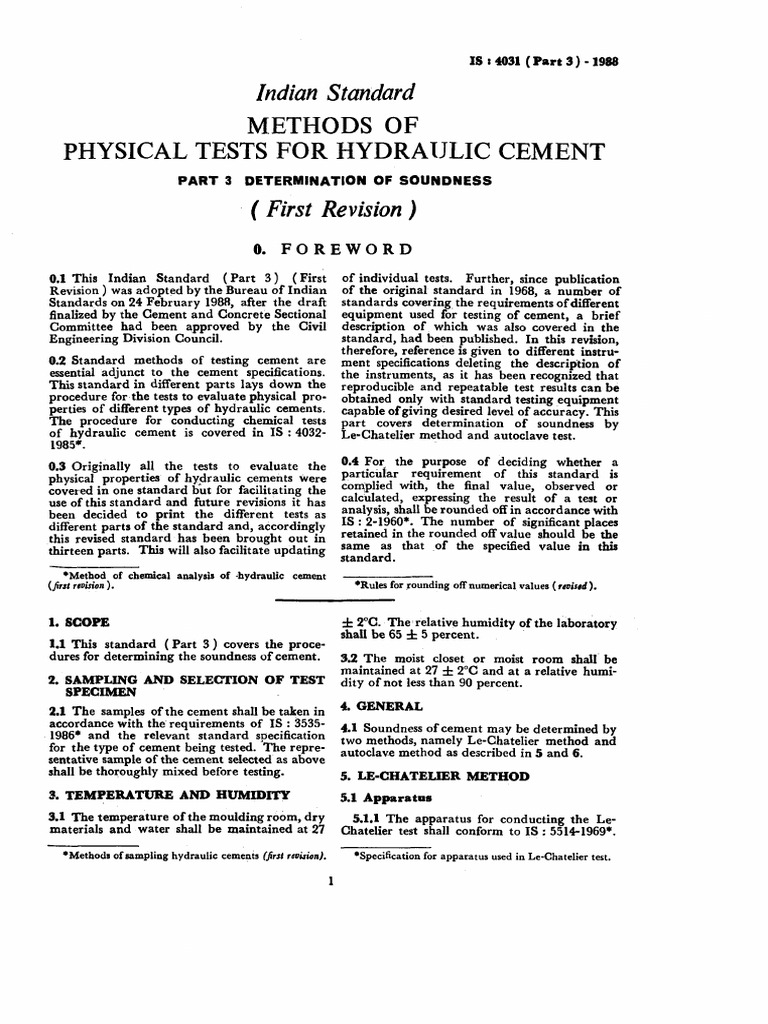 Is 4031 3 1988 Methods Of Physical Tests For Hydraulic Cement Part
