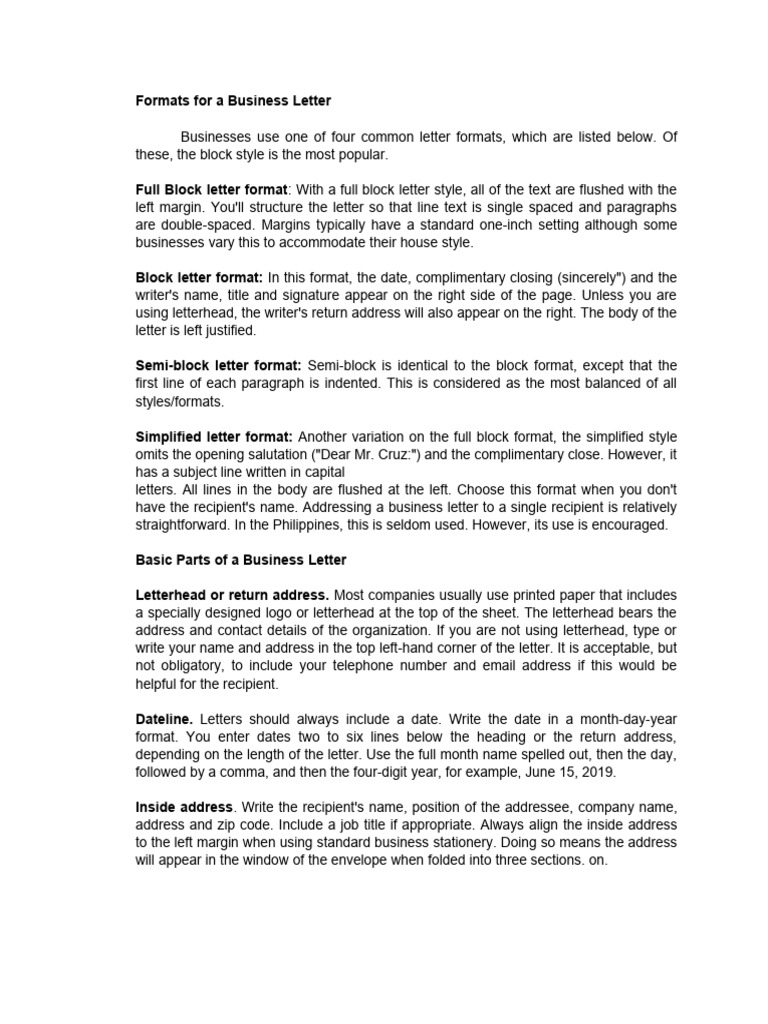 Format and Parts of A Business Letter | PDF | Text | Writing