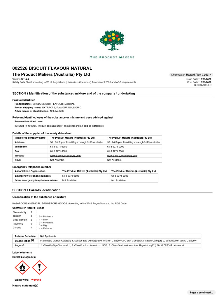 Biscuit Flavour Natural - SDS | PDF | Toxicity | Chemistry
