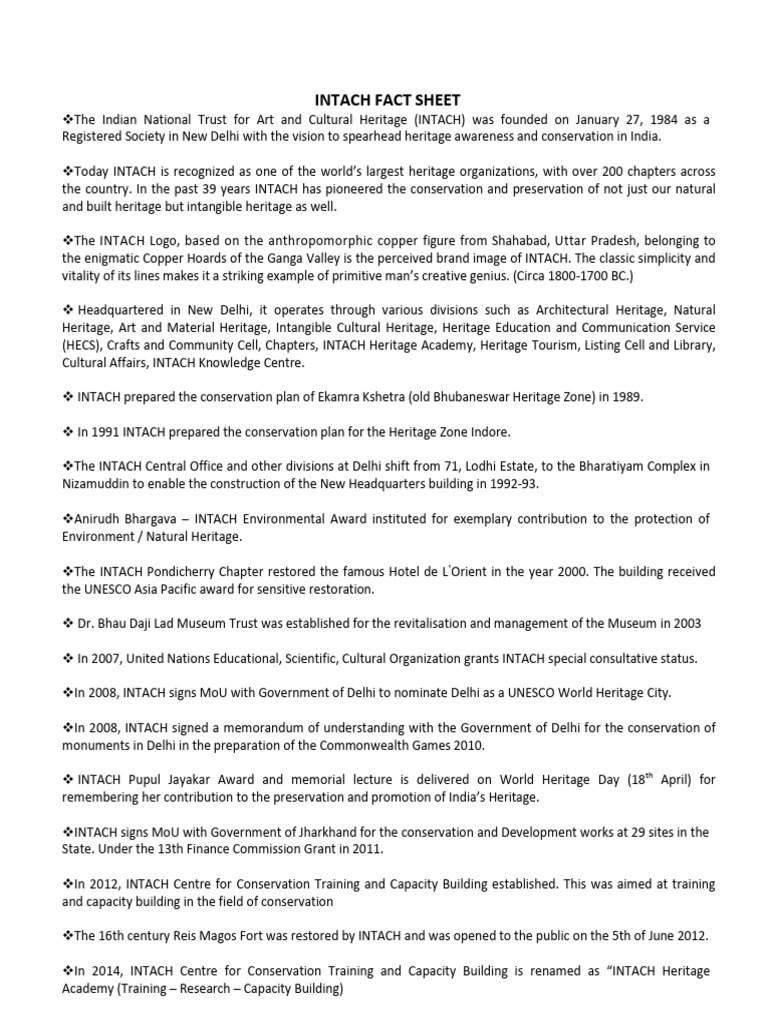Intach Fact Sheet 2023 | PDF | Cultural Heritage