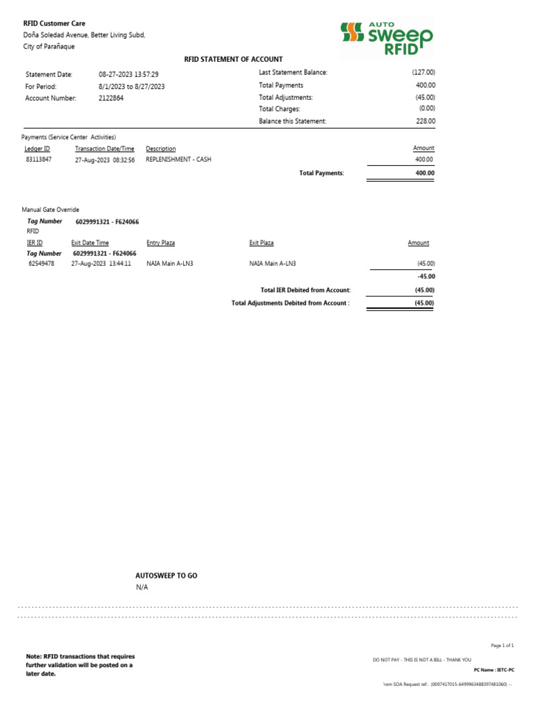 SOA Acct 2122864 82023 | PDF | Debits And Credits | Banking