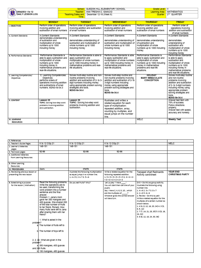 DLL Mathematics 2 q2w6 | PDF | Multiplication | Equations