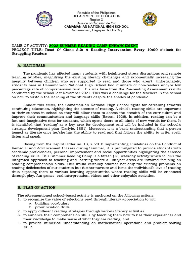 Summer Reading Camp | PDF | Reading Comprehension | Learning