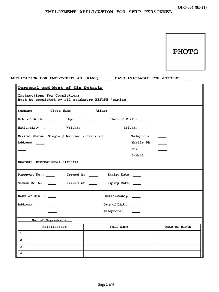 Ofc-007-Employment Application For Ship Personnel | PDF | Shipping ...