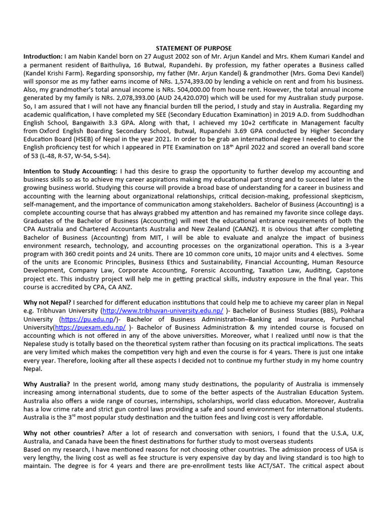 Nabin Kandel SOP | PDF | Accounting | International Student