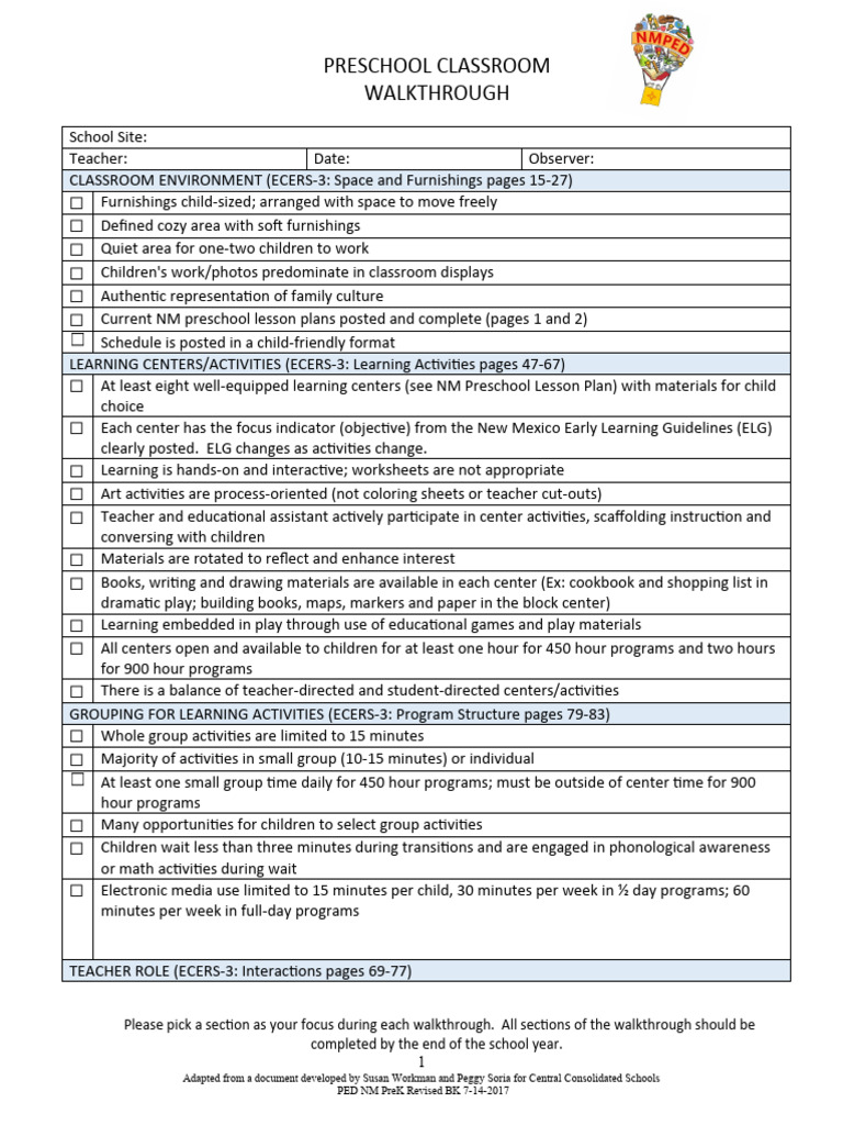 Classroom Walkthrough Sample Assessment, Rubric | PDF | Classroom ...