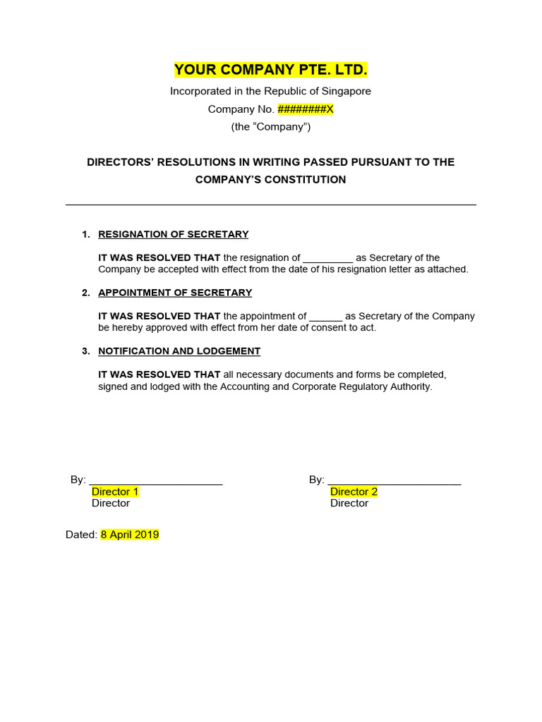 Directors Resolution Change of Company Secretaries | PDF
