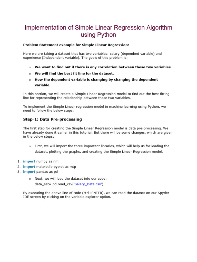 2 1 Ml Implementation Of Simple Linear Regression In Python Pdf