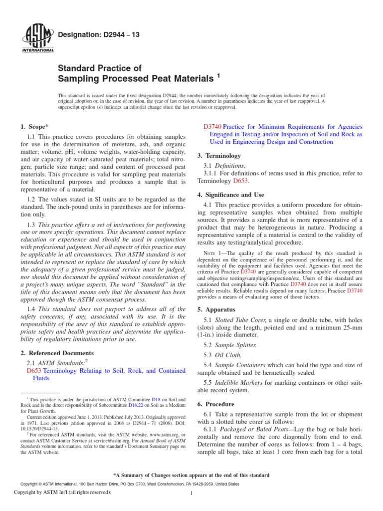 D2944 13 Standard Practice Of Sampling Processed Peat Materials Pdf