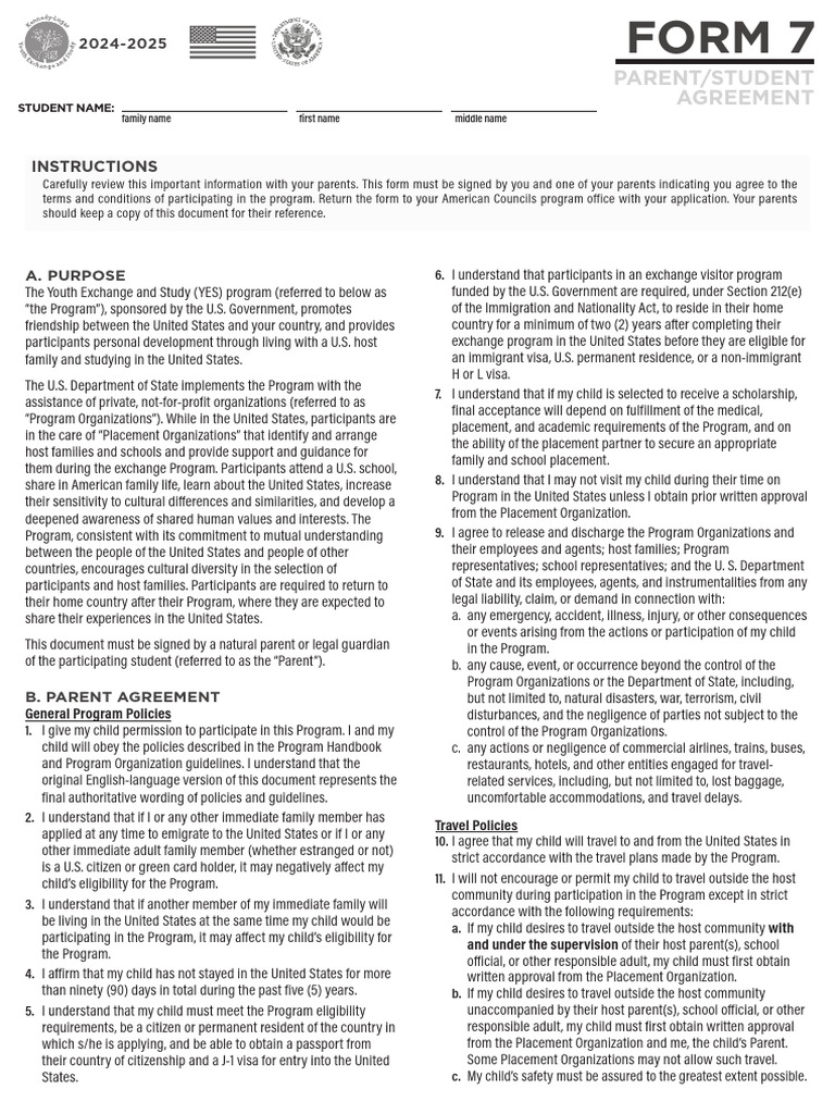 Parent-Student Agreement for YES Program | PDF